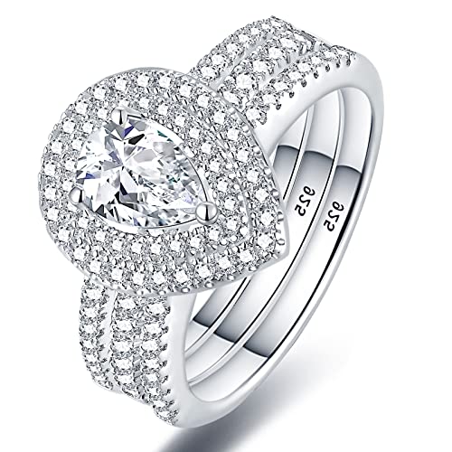 SHELOVES Wedding Engagement Ring Sets for Women Vintage Halo Pear CZ Stackable Ring 925 Sterling Silver Sz 9