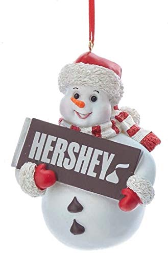 OnHoliday Snowman Holding a Hershey Chocolate Candy Bar Wearing a Red Santa Hat, Red and White Striped Scarf and Red Mittens Christmas Tree Ornament
