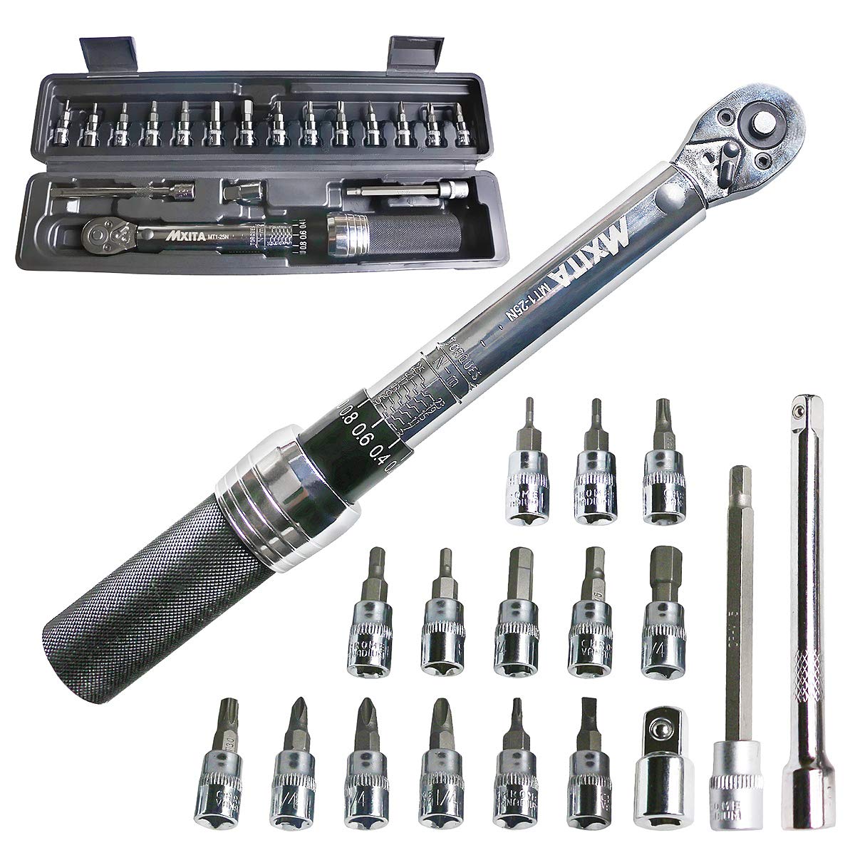 MXITA 1/4 Inch Drive Click Bike Torque Wrench Set (1-25 Nm/ 9-221 in.-lb.) with 3/8 Adapter 18 Pcs,Small Adjustable Allen Key Tool Socket Kit for Road & Mountain Bikes