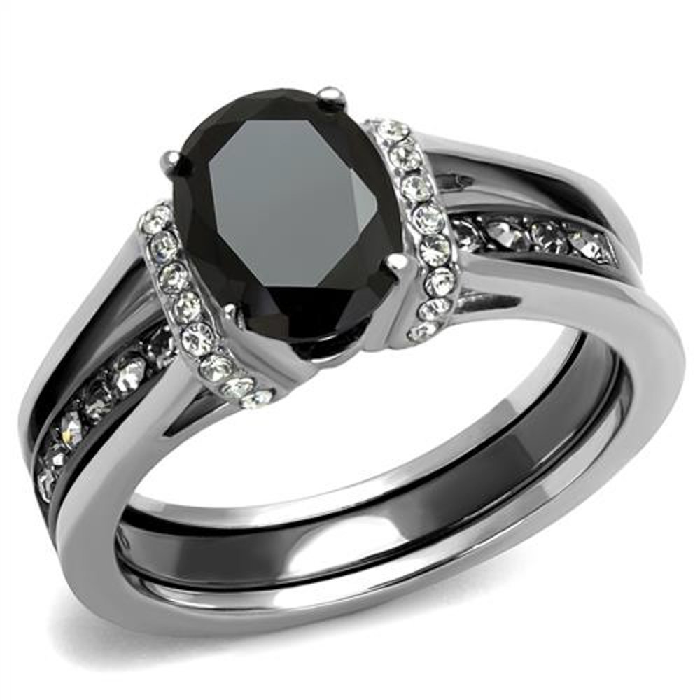 Marimor Jewelry Her and His Black Cubic Zirconia Stainless Steel Wedding Engagement Ring and Titanium Band Set Women's Size 05 Men's Size 05