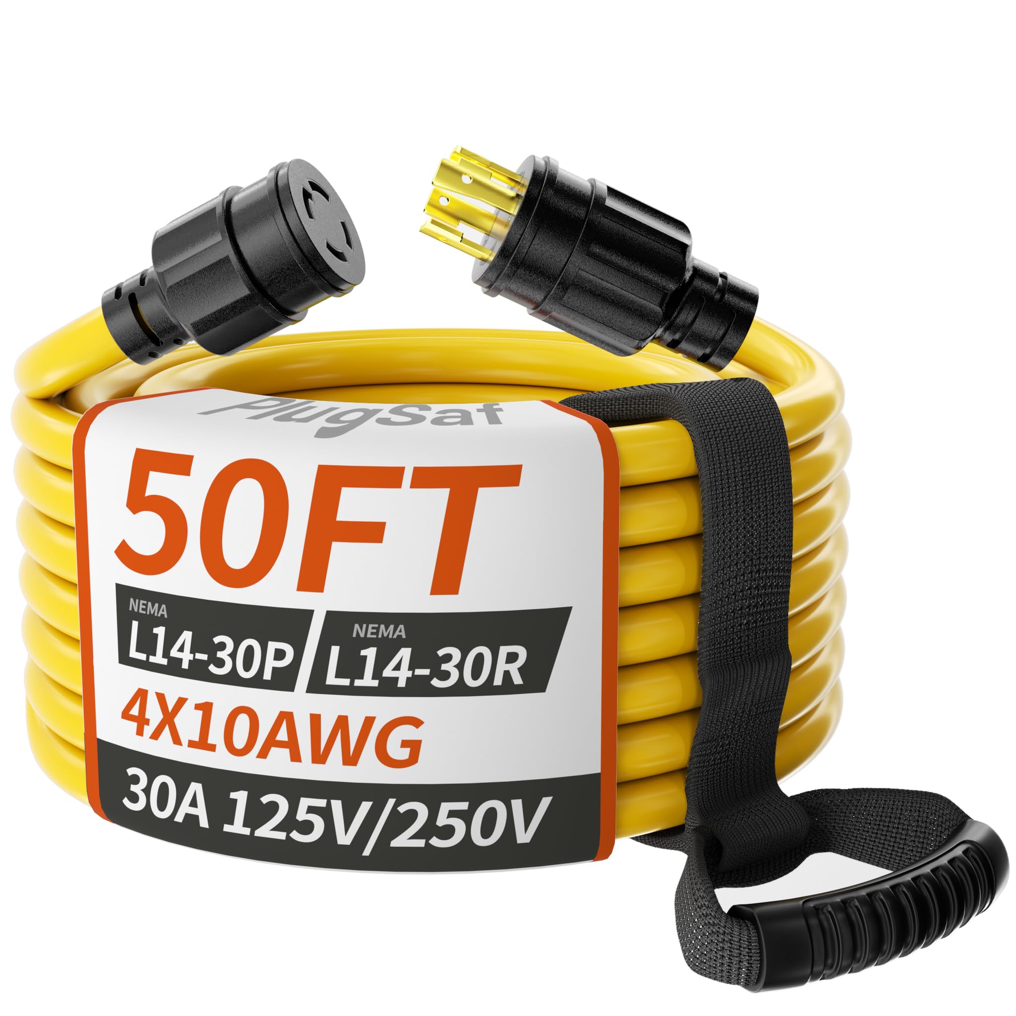 PlugSaf 50FT 30 Amp Generator Extension Cord 4 Prong, NEMA L14-30P/L14-30R 10 Gauge STW 125/250V Twist Lock Generator Cord Heavy Duty, Yellow ETL Listed