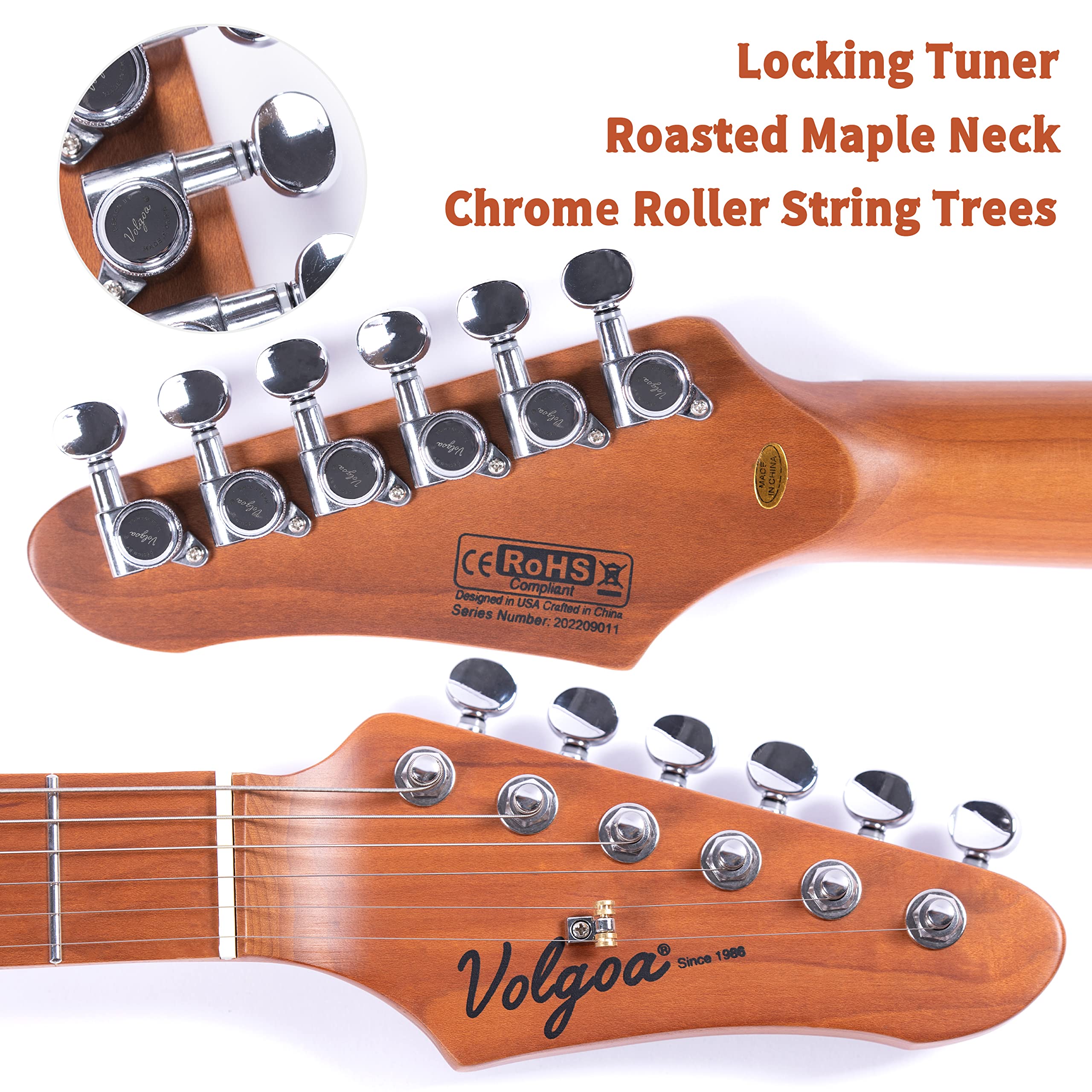 Volgoa VTL-2 Solid Body 6 String Electric Guitar, Roasted Maple Neck, Mahogany Body, Matte Burl Figure Veneer, and Coil Splitting Pickup (Black)