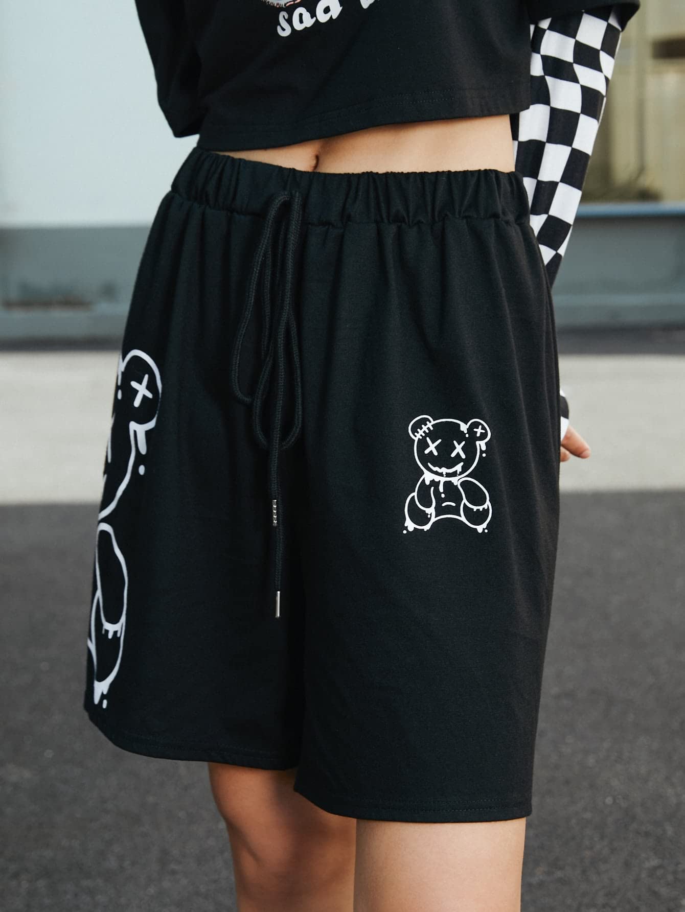 SHENHE Women's Cartoon Bear Print Elastic High Waisted Drawstring Loose Shorts Black XL