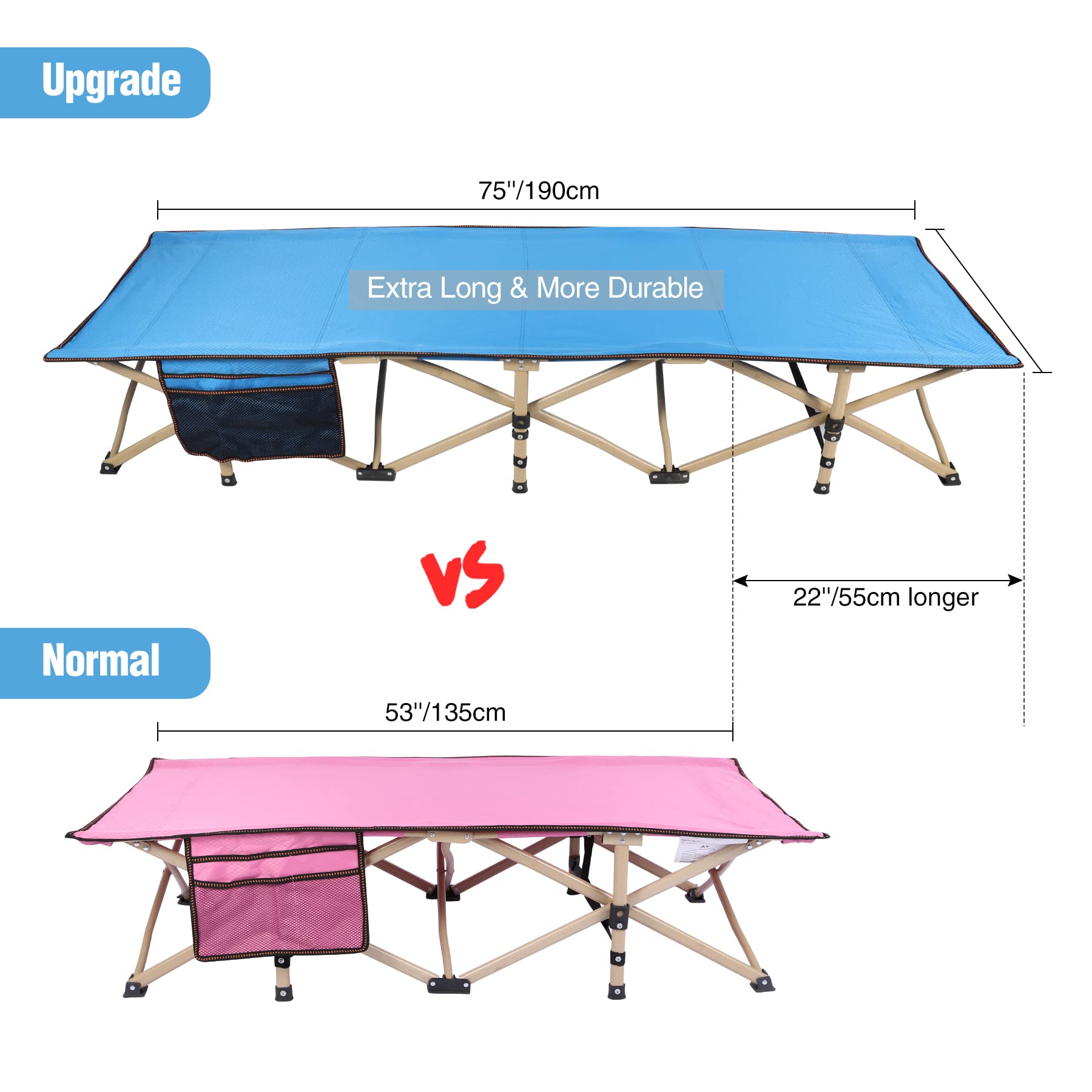 RedSwing Kids Cots for Sleeping Extra Long, Strudy Folding Toddler Cot for Camping Indoor Outdoor, Easy to Carry, 75''x26'' Blue