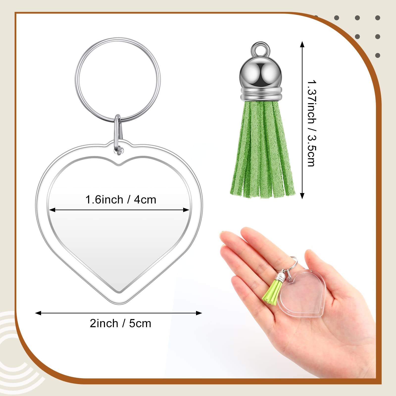 Yaomiao 50 Sets Acrylic Photo Frame Keychain with Tassels, Snap-In Custom Insert Photo Keyring Clear Blank Picture Keyring (Heart)