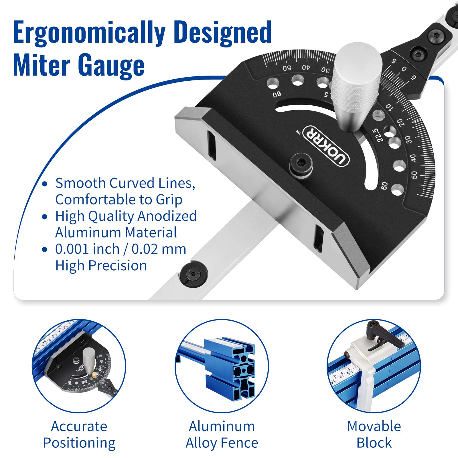 UOKRR Precision Miter Gauge for Table Saw Craftsman Telescoping 20'' to 36'' Aluminum Miter Fence Repetitive Cut Flip Stop 60° Angled Ends for Maximum Stock Support, Blue (UO036)
