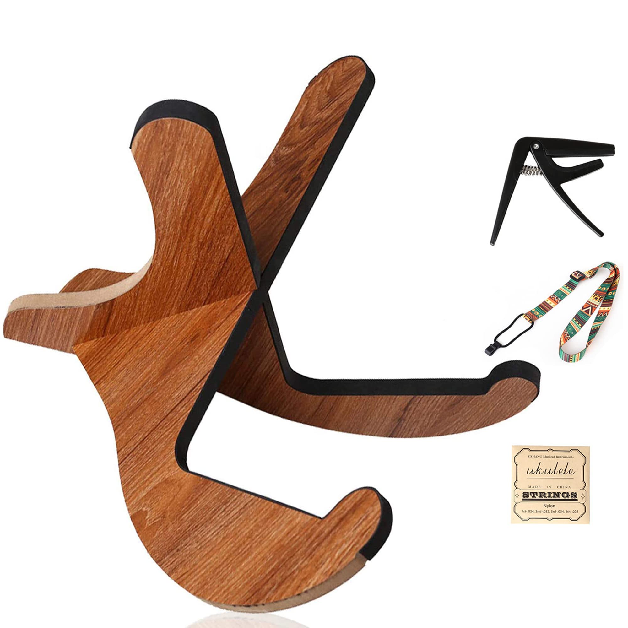 Ukulele Stand, Portable Ukulele Holder with Soft Edge, Wooden X-Frame Sturdy Instrument Stand with Strap, Capo and Strings for Ukulele and Violins