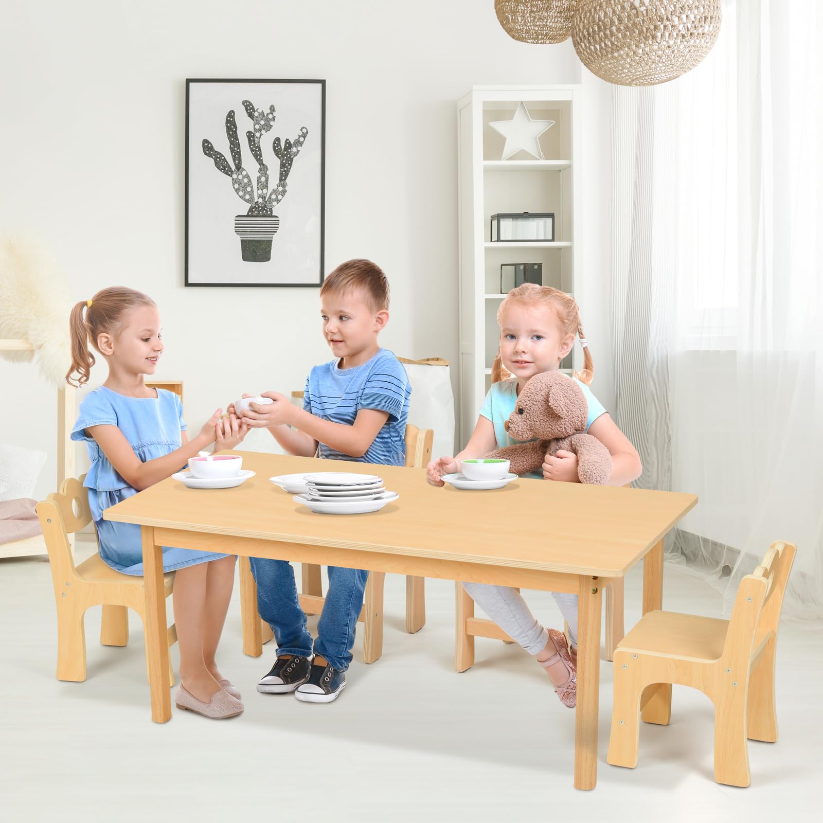 OOOK Kids Table and 4 Chairs Set, Poplar Plywood, More Spacious Space for Kids Graffiti Desktop, 47''X24'', Children Multi-Activity