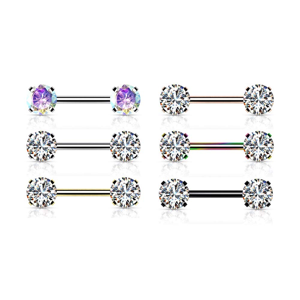 Pierced Owl 14G Stainless Steel Threadless Push-in Prong Set Crystal Nipple Rings, Sold as a Pair (Silver Tone/Aurora Borealis)