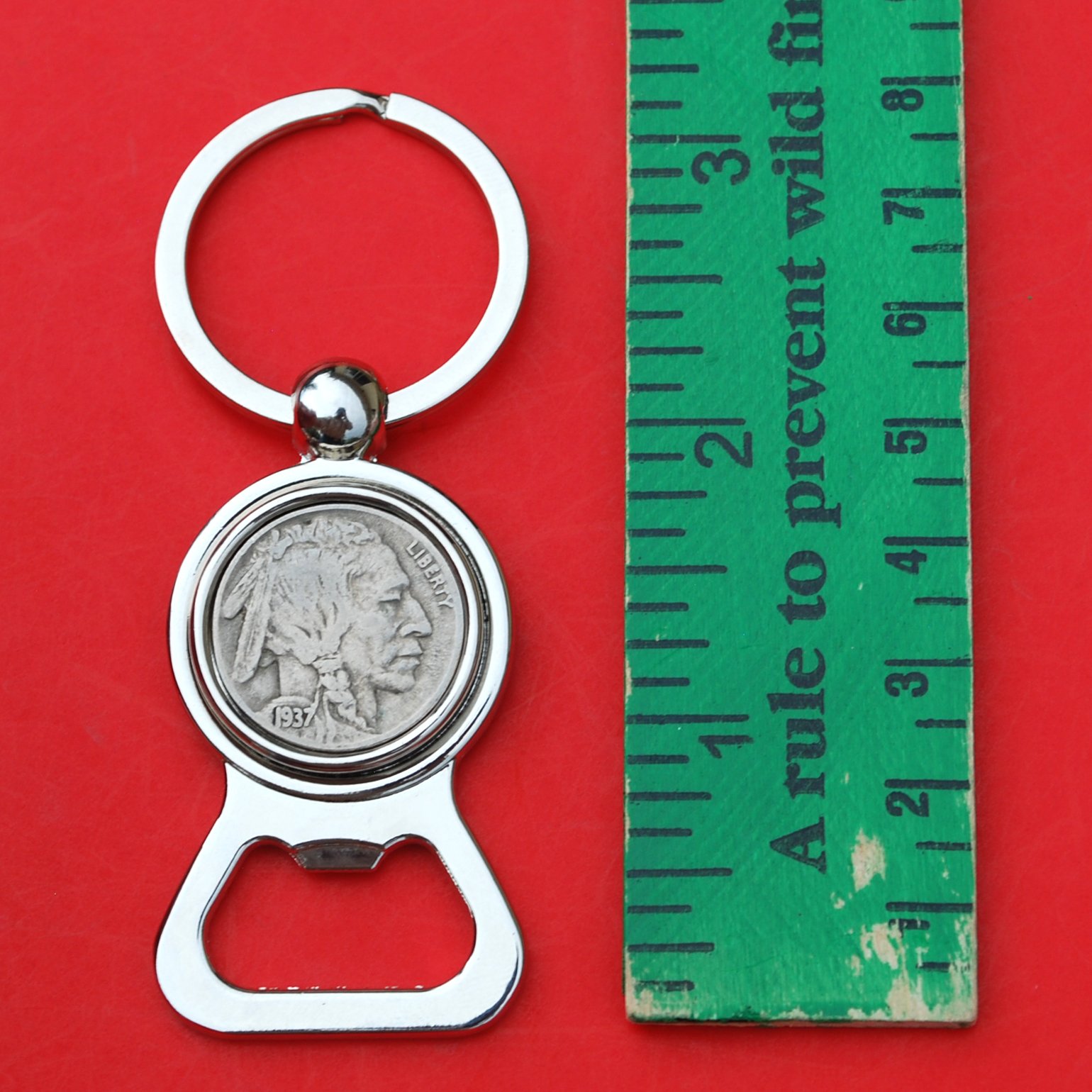 US 1937 Indian Head Buffalo Nickel 5 Cent Coin Silver Tone Key Chain Ring Bottle Opener NEW