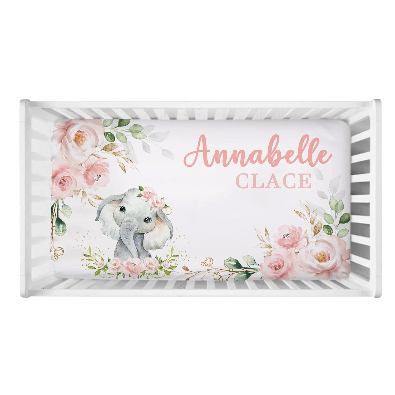 UOOPOO-US Personalized Baby Fitted Crib Sheet Set, Customized Elephant Crib Bedding Set with Name, Baby Crib Bedding Set, Custom Chic Pink Flower Nursery Crib Sheet Bedding Set