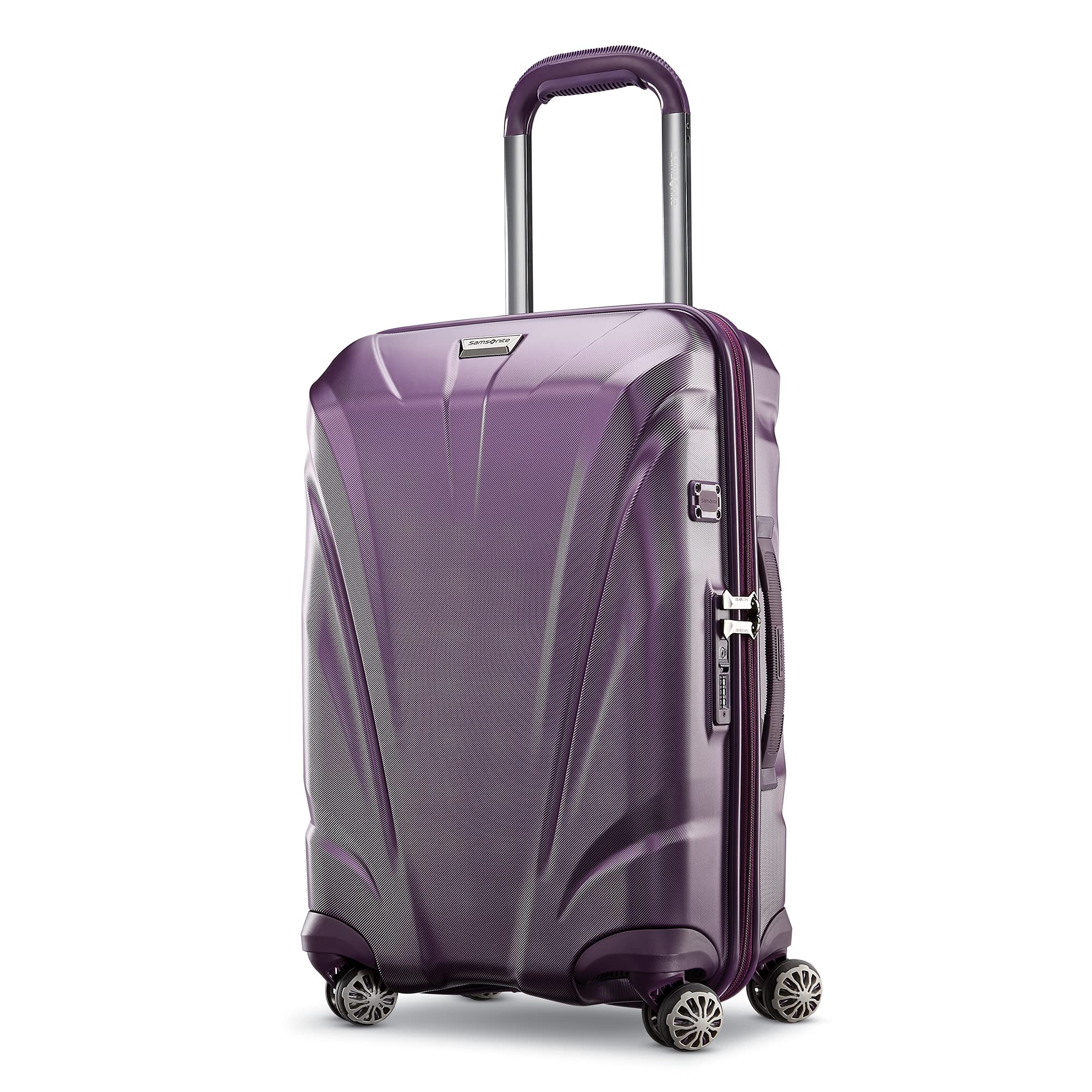 Samsonite Xcalibur XBT Spinner Hard Side Wheeled Carry On Travel Suitcase with USB Charging Port, Packing Cubes, and Adjustable Handle, Purple