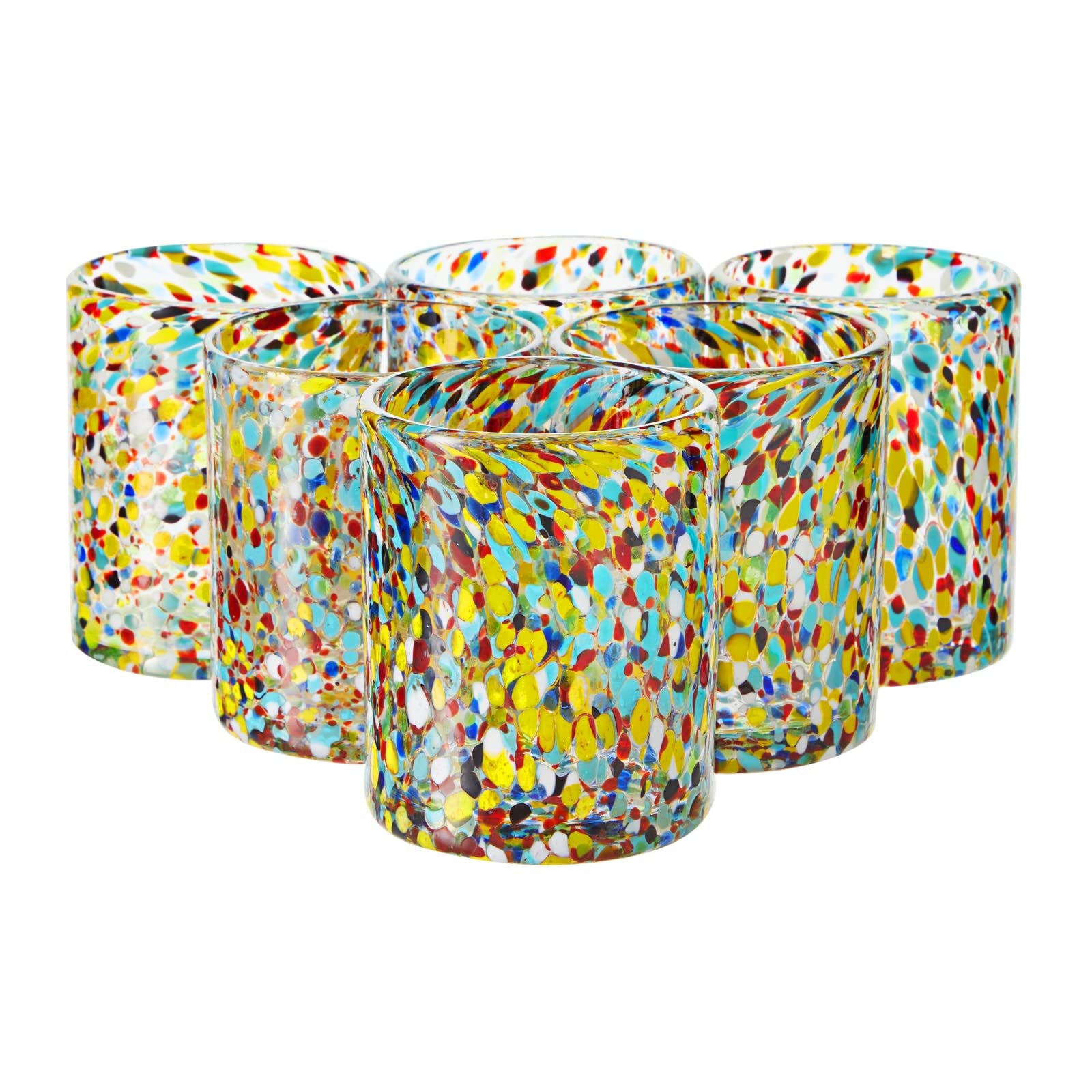 Okuna Outpost 10 oz Hand Blown Mexican Drinking Glasses, Full Confetti Tumbler Cups (Set of 6)