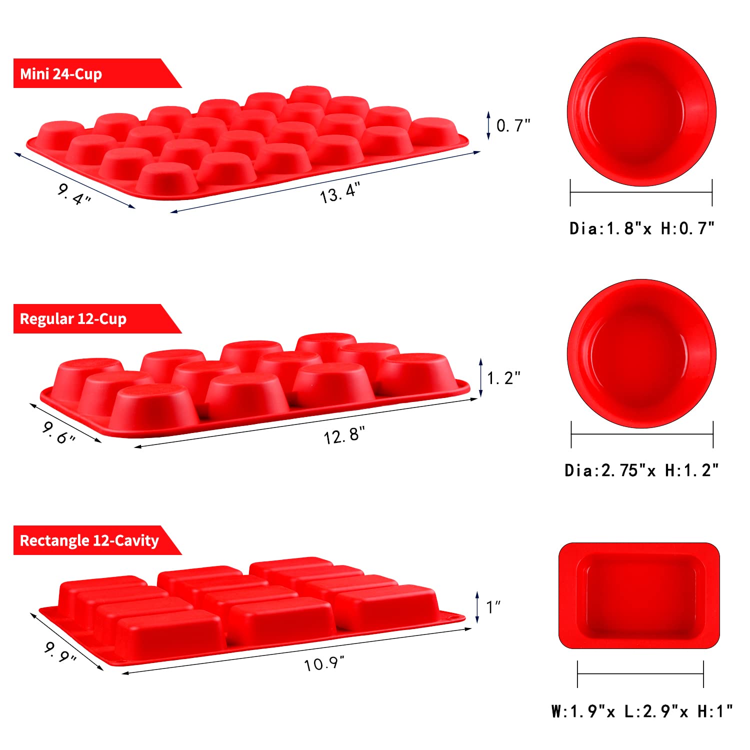 Silicone Muffin Pan - Silicone Molds Including Mini 24 Cups, Regular 12 Cups Muffin Pan & 12 Cavities Mini Loaf Pan 3-in-1 Set for Egg Muffin, Cupcakes, Brownies, Fat Bombs