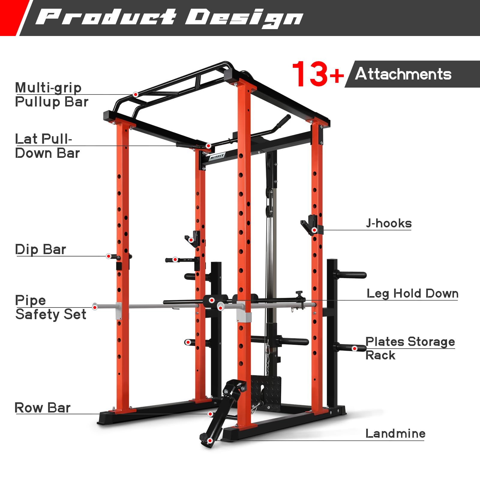 RitFit Squat Rack Power Cage Home Gym Package, Includes 1000LBS Power Rack with LAT Pull Down, Weight Bench, Rubber/Bumper Plates Set with Olympic Barbell (Package 1.6K (Bumper Plate 230LBS))-Orange