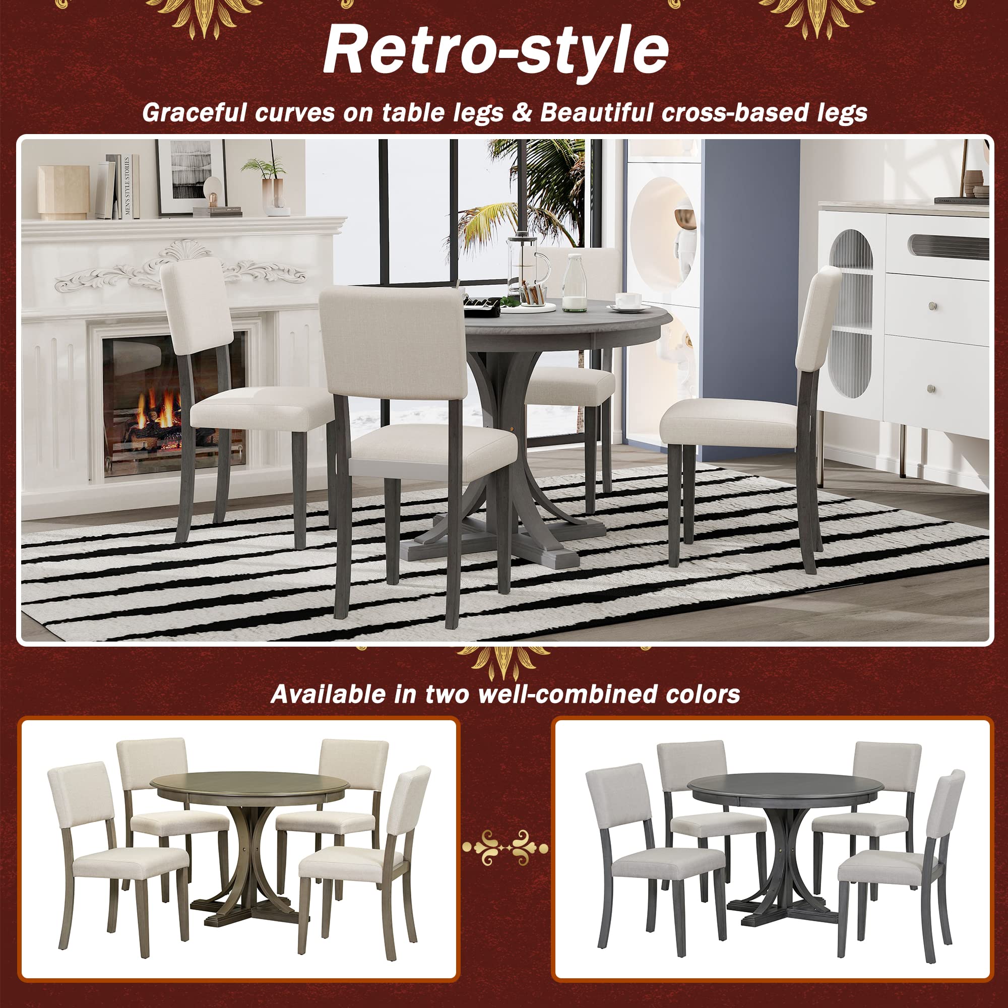 Merax 5-Piece Retro Round Dining Table Set with Curved Trestle Style Legs and 4 Upholstered Chairs, Kitchen Furniture, 44 x 44 x 30.2, Grey