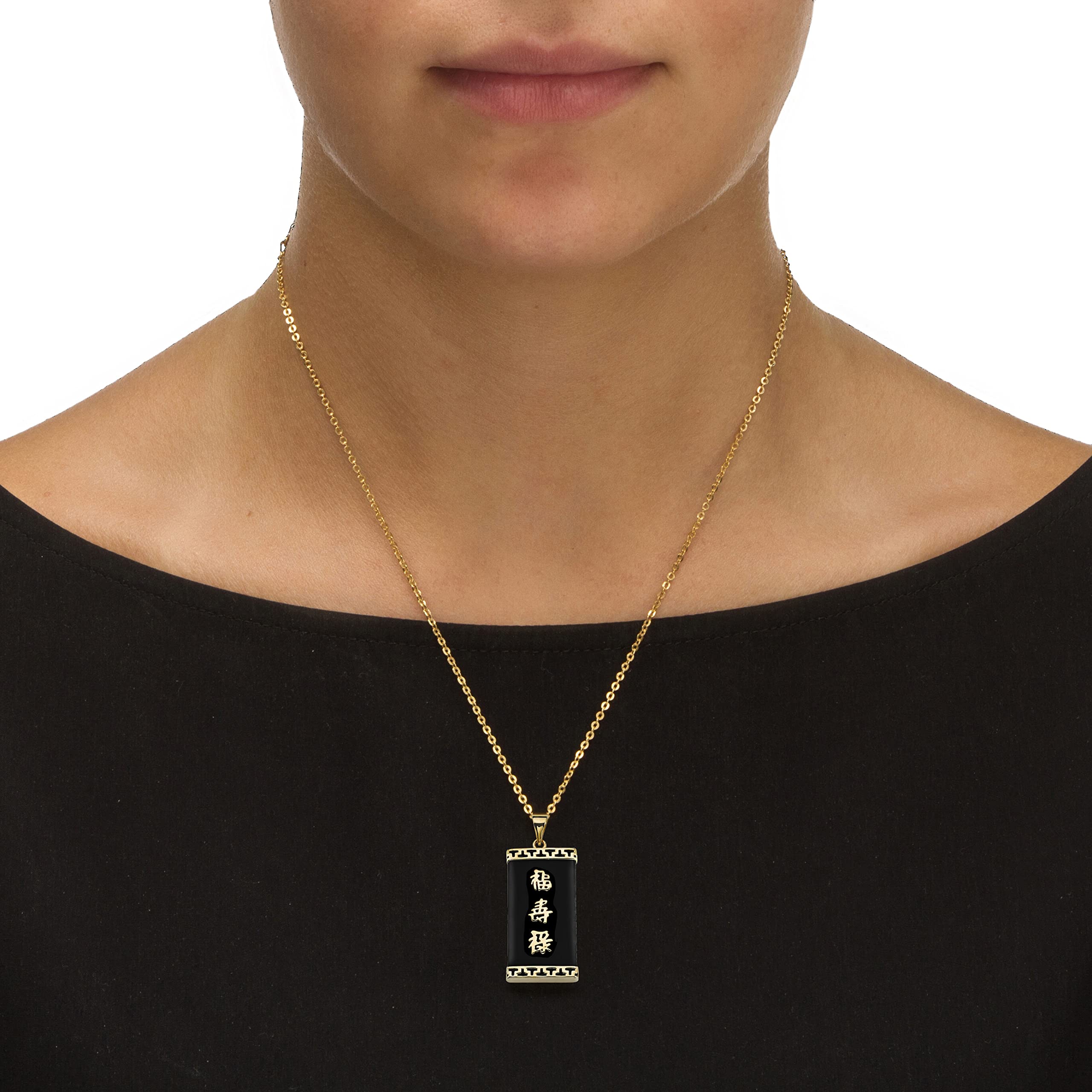 PalmBeach Yellow Gold-plated Sterling Silver Emerald Cut Genuine Black Jade "Good Luck Long Life Prosperity" Pendant (36mm)