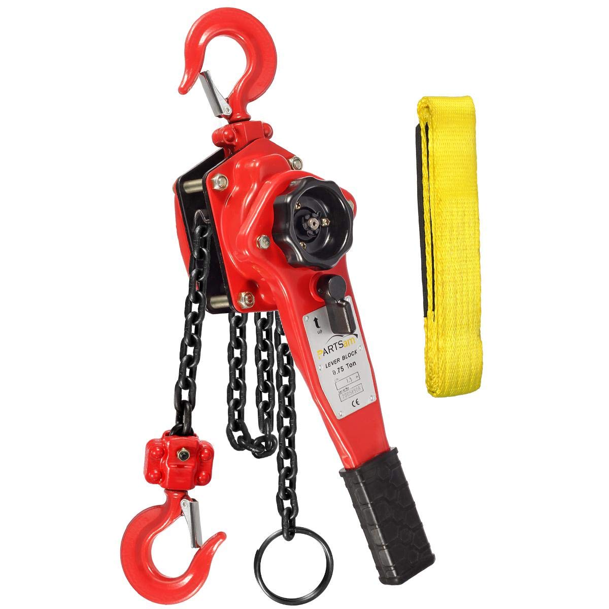 Partsam 1650LBS Capacity Lever Hoist Come Along 5FT 3/4 TON Lift 2 Heavy Duty Hooks &1Pcs Premium Towing Strap for Lifting Pulling Building Garages Attic Warehouse Automotive