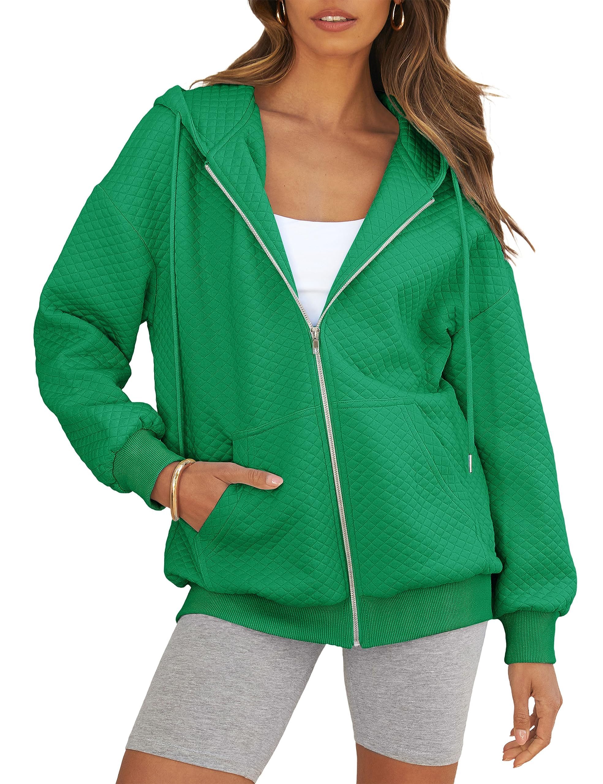 MEROKEETY Women Oversized Hoodies Sweatshirts Fall Casual Quilted Full Zip Jackets with Pockets Green Medium