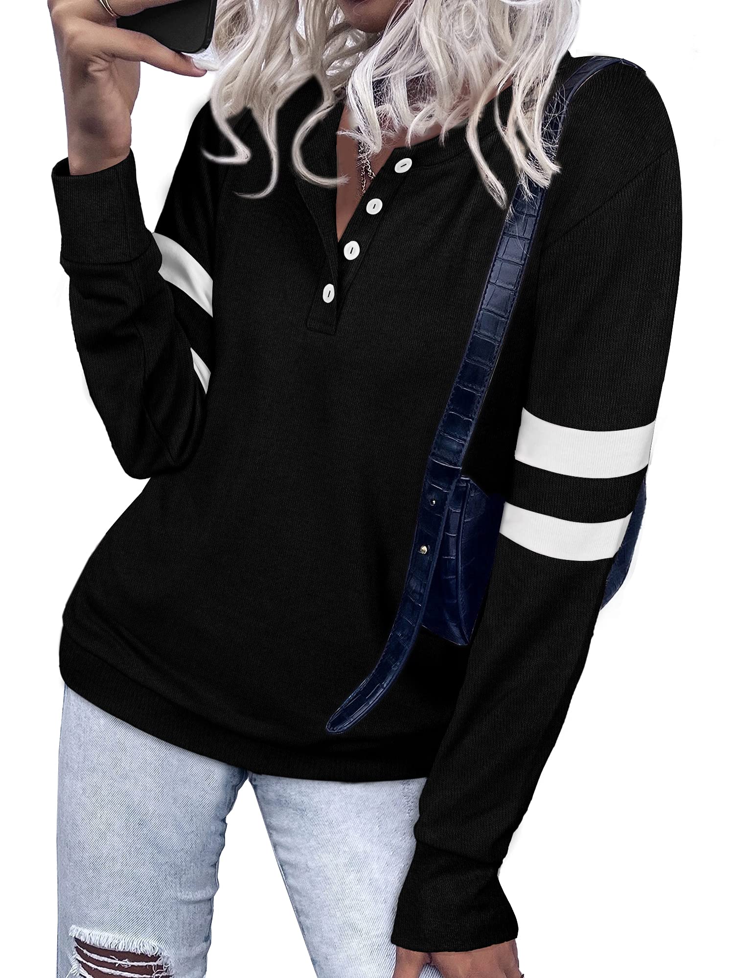 Sipaya Womens Black Sweatshirt, Casual Loose Sweater Button Up Black L