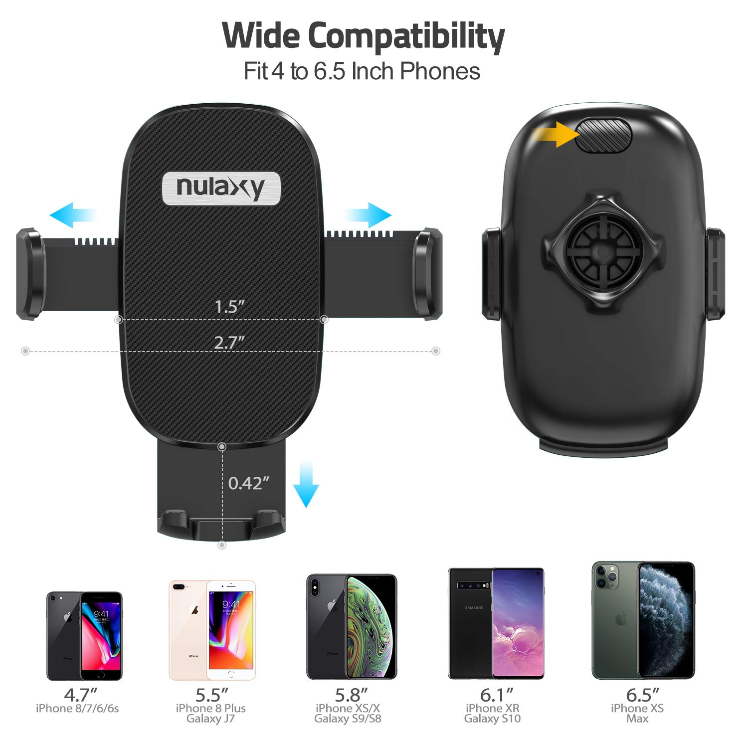 Nulaxy Phone Holder for Car, No Obstruction View Dashboard Windshield Car Phone Mount Strong Suction with Extra Gel Pad for iPhone 11 Pro Max/11/XS Max, Galaxy S10, Google Pixel 3 XL Other 4.7''- 6.5β