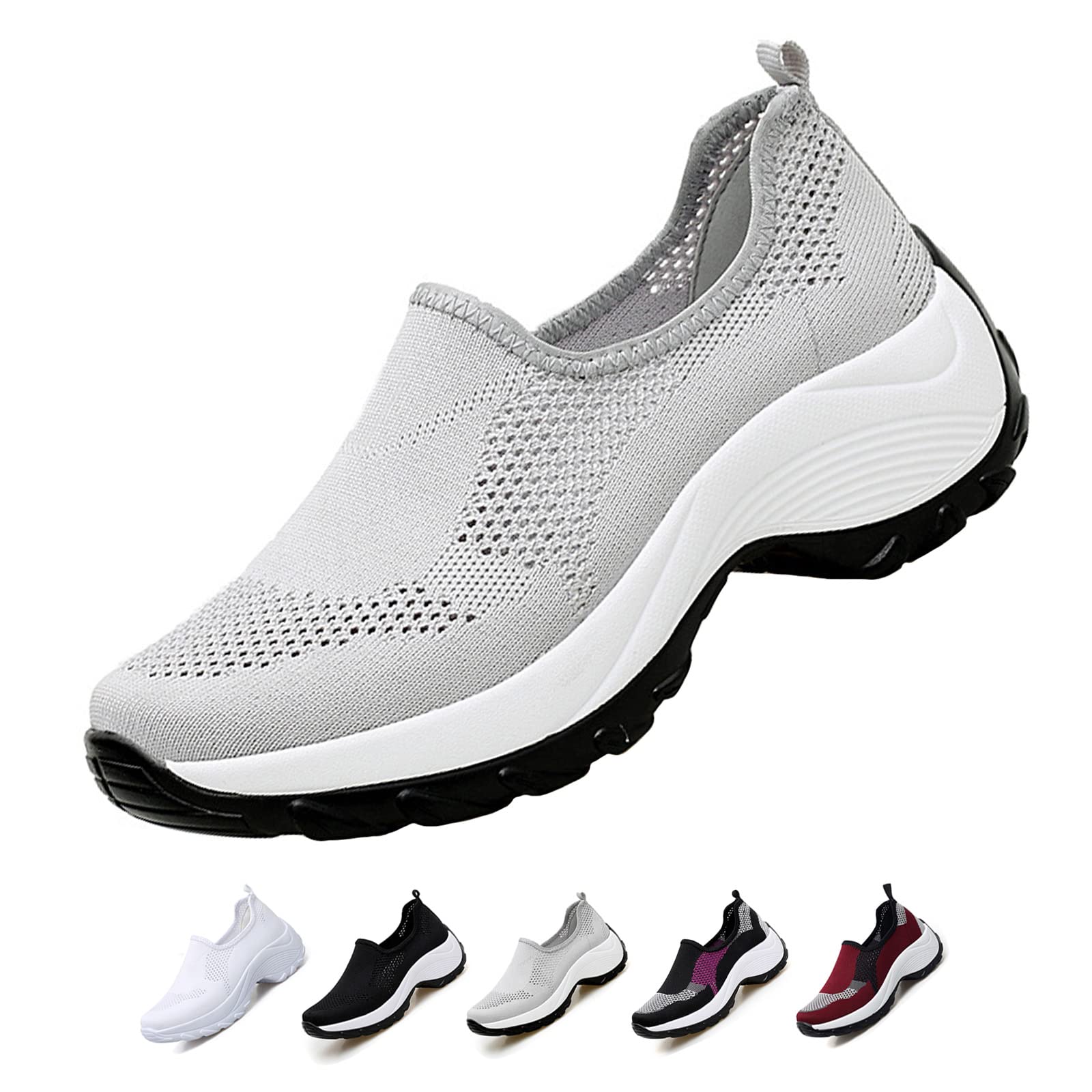 Optigard Women's Mesh Slip On Sock Walking Sneakers with Arch Support Lightweight Breathable Running Shoes Shallow Mouth Platform Comfortable Work Shoes (Grey,7,Female)
