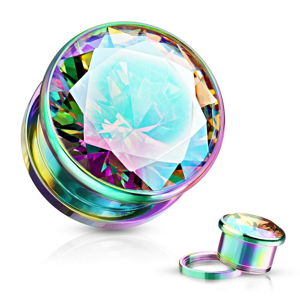 Pierced Owl Stainless Steel Bezel Set Aurora Borealis Gem Screw Fit Plug Gauges, Sold As Pair (Rainbow, 8mm (0GA))