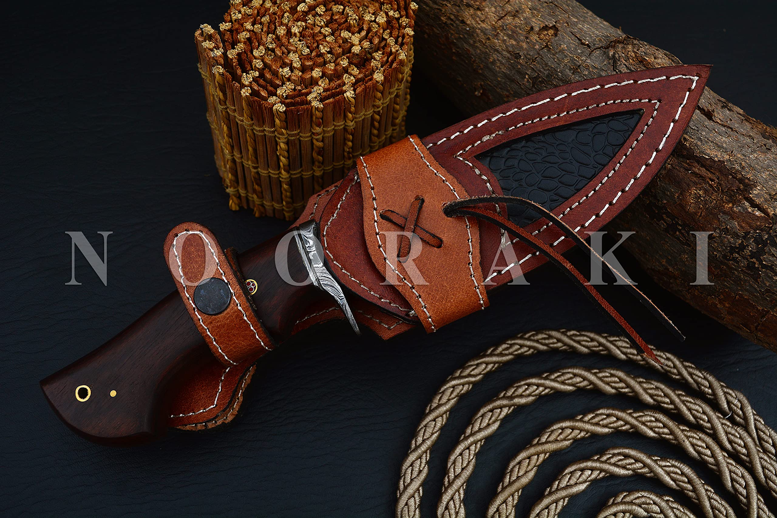 SBK162 Custom Handmade Damascus Steel Knife - Full Tang Rosewood Handle, with Leather Sheath 10inches