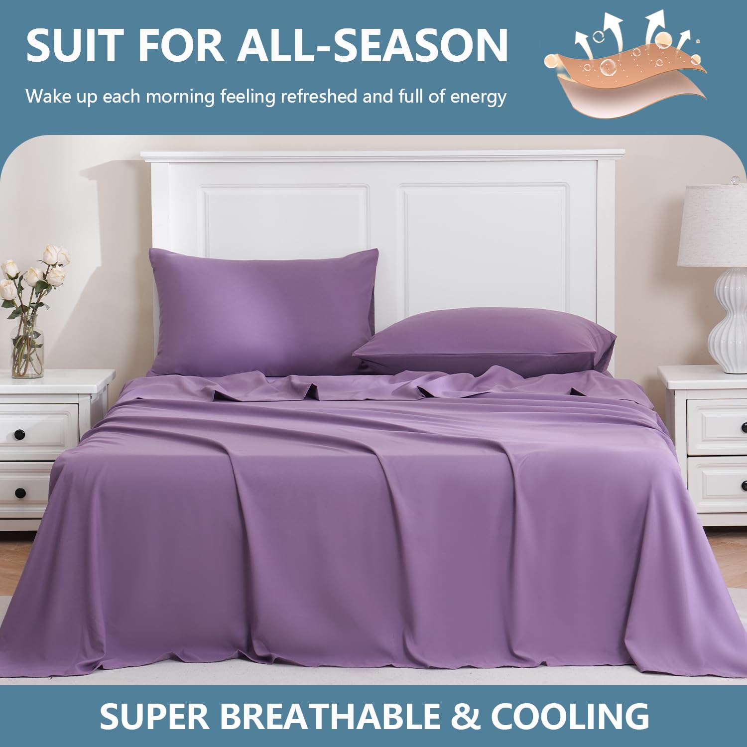MEISHANG King Size Sheet Set, Soft Breathable Cooling Brushed Microfiber Bed Sheets, Hotel Luxury Egyptian Sheets with 16 Inch Deep Pocket, Wrinkle Free, 4 Pieces (King, Purple)