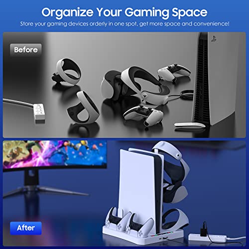 TiMOVO Charging Station for PlayStation VR2, Dual Charging Dock for PS5 & PS VR2, Charger Stand Gamepad Showcase Host Cooling Fan Bracket Stable Desk Accessories PS5 Detachable Charging Rack, White