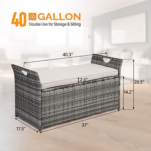 VINGLI 40 Gallon Outdoor Storage Bench with Cushion, Rattan Storage Box, Patio Wicker Deck Box with Seat for Garden | Balcony | Porch | Pool | Yard (Grey Frame + Light Grey Cushion)