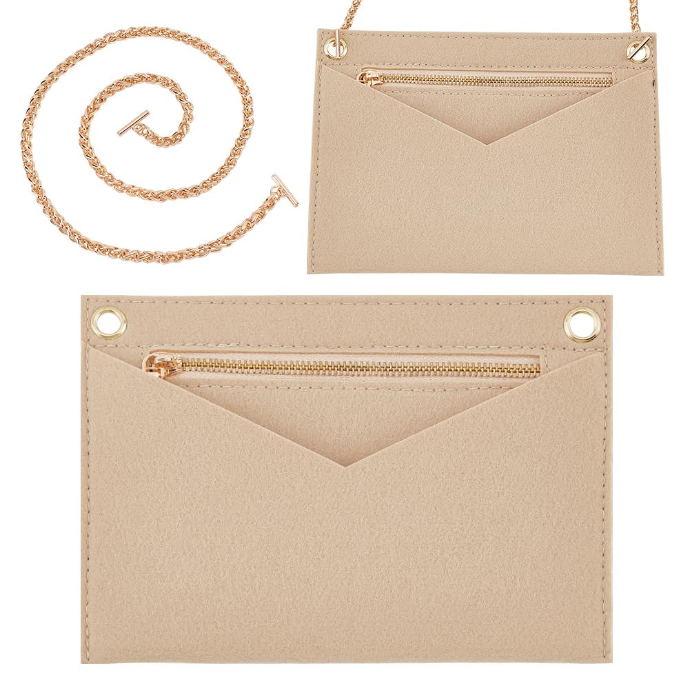 WADORN 1 Set Purse Organizer Insert Conversion Kit with Gold Chain, 8.62x6.1 Inch Felt Handbag Organizer Insert 24 Inch Chain Inner Pocket Liner Clutches Envelope Bag Handbag Convert Accessory, Beige