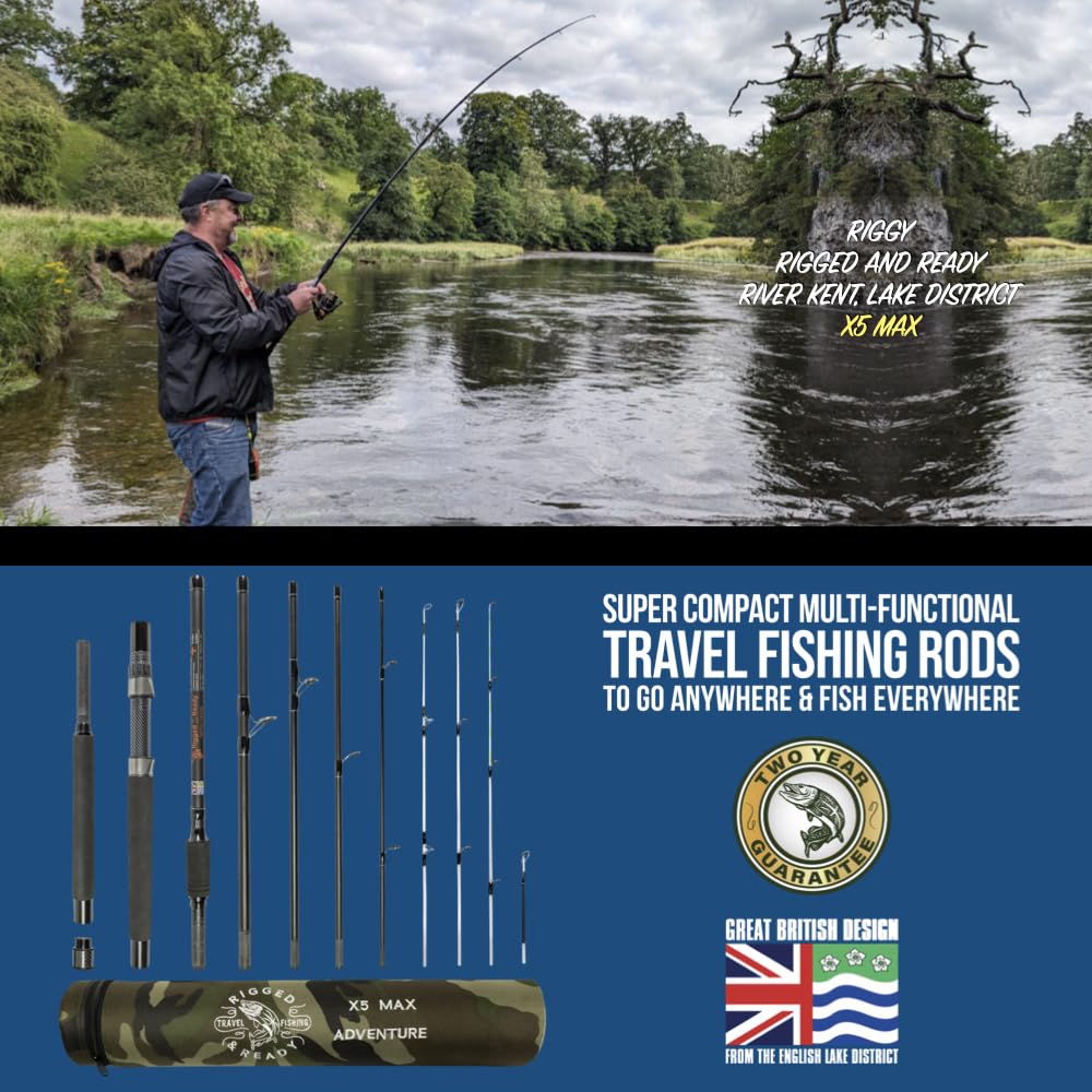 Rigged and Ready X5 MAX Powerful Travel Fishing Rod Super Compact, Multi-Functional Travel Rod. 1 Rod 9 Combinations. 2.70m (8.9β), 2.45m (8β), 2.25m (7.4β) Lengths. Compact 43cm 16.5β Carry Case.
