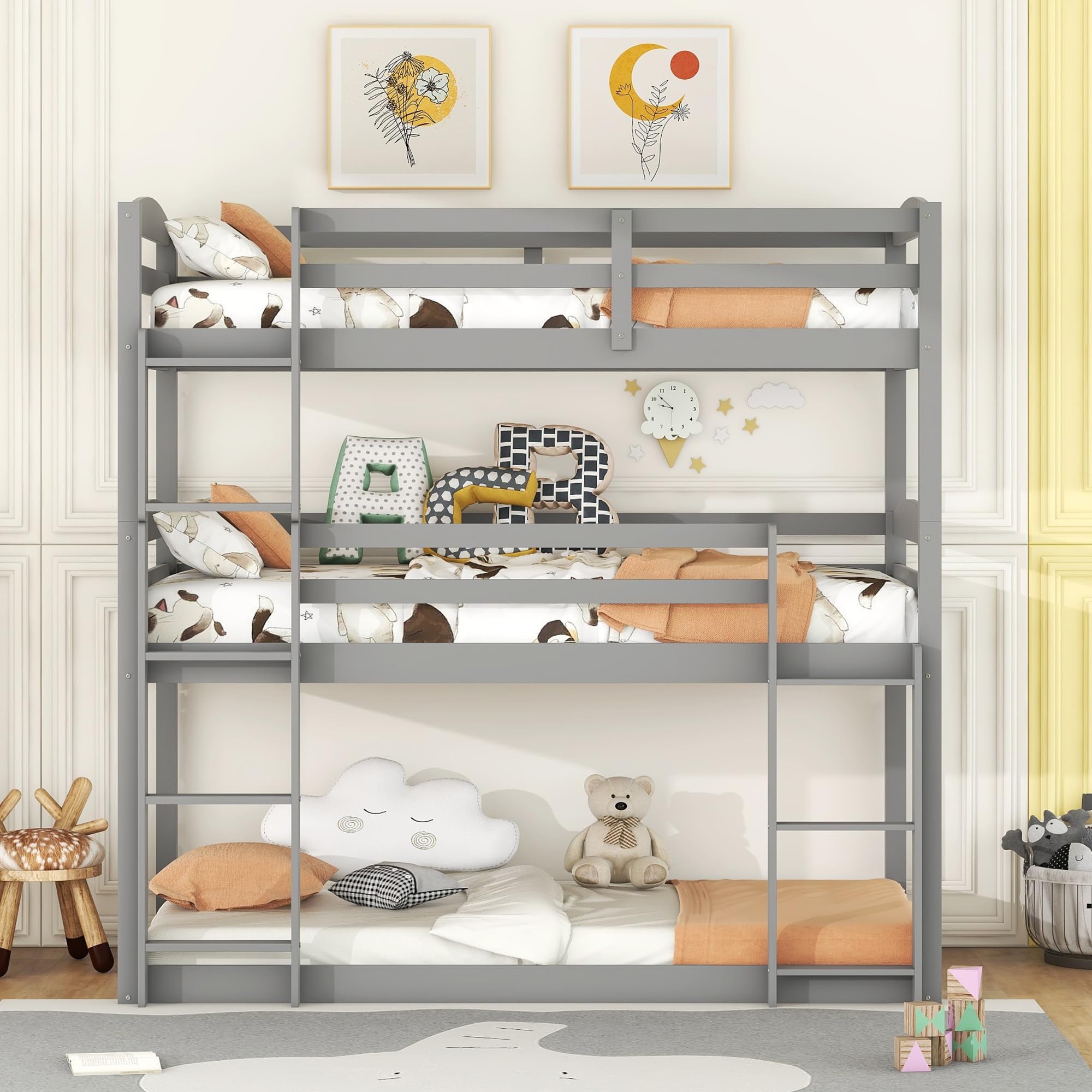 Merax Twin Triple Bunk Bed, Wood Twin Size Triple Bed Frame with Guard Rail and Ladder, Can be Divided into Separate Beds, Gray