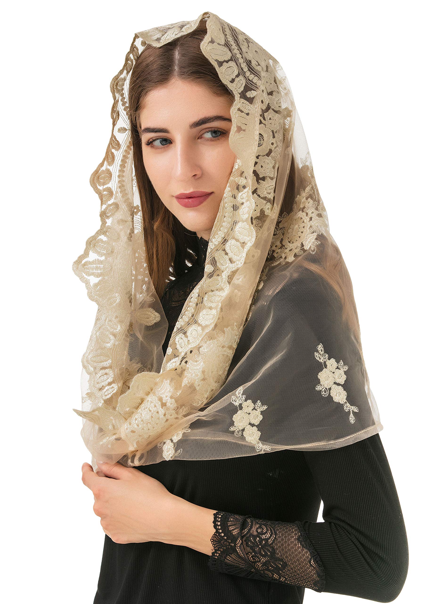 PAMOR Gold Embroidered Traditional Vintage Inspired Infinity Veil Mantilla Veils Mass Head Covering