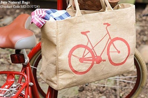 MyOrganicBag Handmade Jute Market Tote Bag with Bicycle Print, Durable Handle, Reinforced Bottom, Generous capacity, 12.5" tall x 17" wide x 7" deep β Made in India