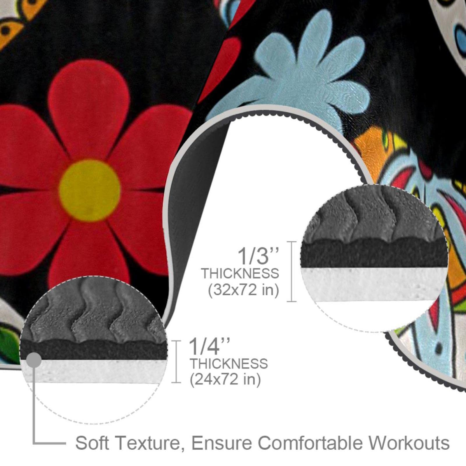 Yoga Mat, Yoga Mats for Home Workout, Workout Mat, Exercise Mats, Pilates Mat, colorful flower skull pattern