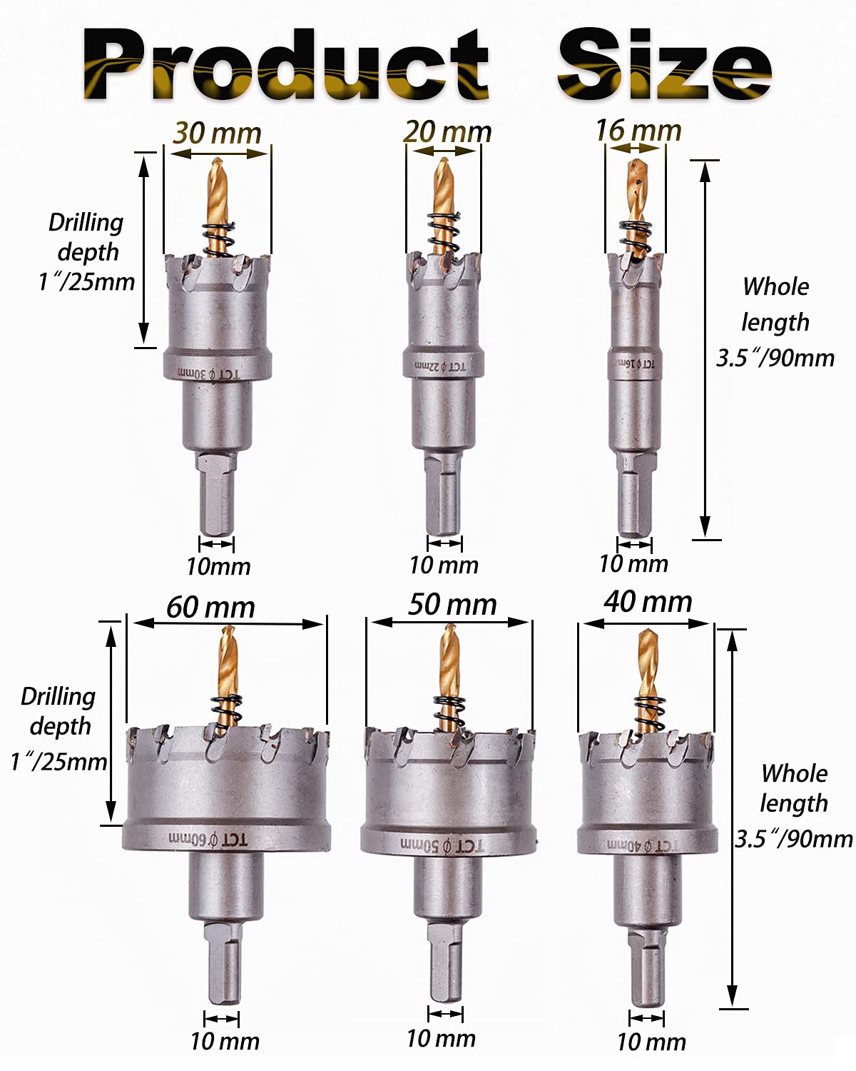 Rocaris 6 Pack Drill Bit Hole Saw Set 16-60mm, Tungsten Carbide Tipped Cutters with 2 Pack Titanium-Plated Center Drill Bits for Hard Metal, Stainless Steel, Iron, Wood, Plastic