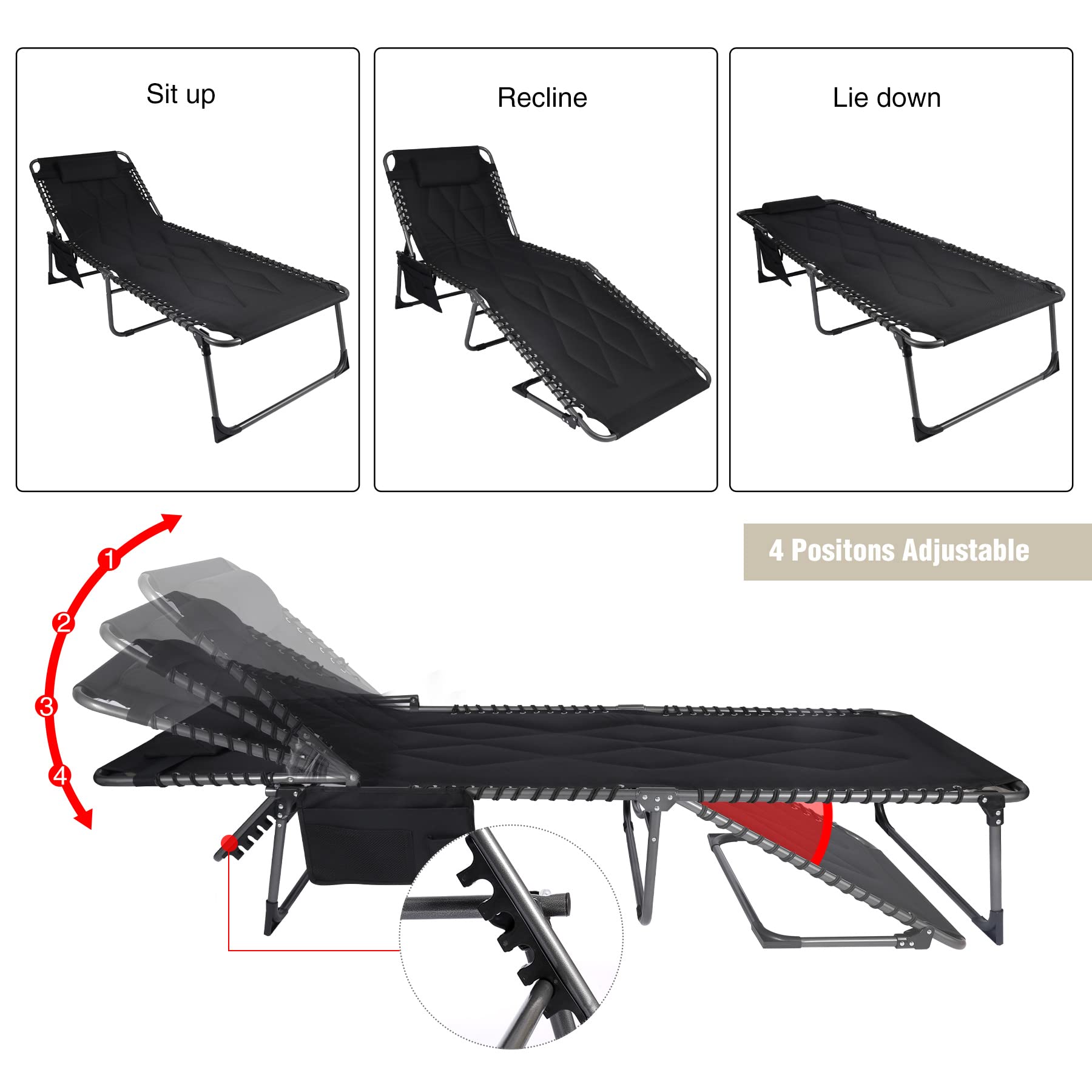 RedSwing Folding Sleeping Cot with Cotton for Adults, Extra Wide 4-Position Adjustable Folding Chaise Lounge Chair with Pillow, Outdoor Portable Camping Cot for Travel Beach Patio, 79"×27" Black