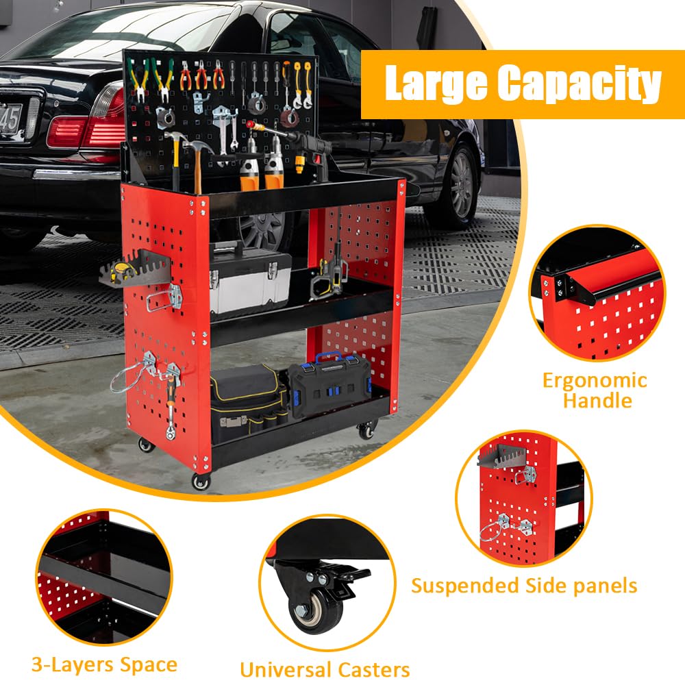 Yeeoy 3 Tier Rolling Tool Cart, Heavy Duty Mechanic Tool Storage Cart with Hooks & Wheels, 660lbs Load Capacity Tool Organizer Side Pegboard kit for Garage Warehouse Repair Shop