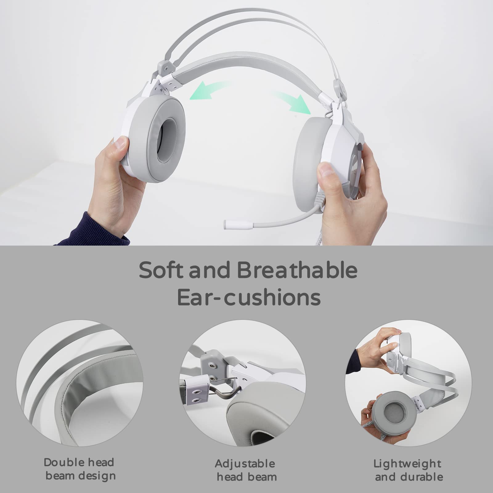 RK ROYAL KLUDGE PS4 Gaming Headset with Microphone, RK E9000 Xbox Headset PS5 Headphone with Mic Noise Cancelling RGB Lights 7.1 Surround Sound for PS4 PS5 Xbox One Nintendo Switch PC, White