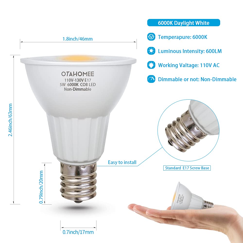 OTAHOMEE E17 Spotlight Bulb,E17 Intermediate Base Type R14 Reflector LED Light Bulb Used for Reading Lamp,Cabinet Lamp,Desk Lamp,5W(60W Equivalent) Daylight White 6000K,Non-Dimmable,4 Pack