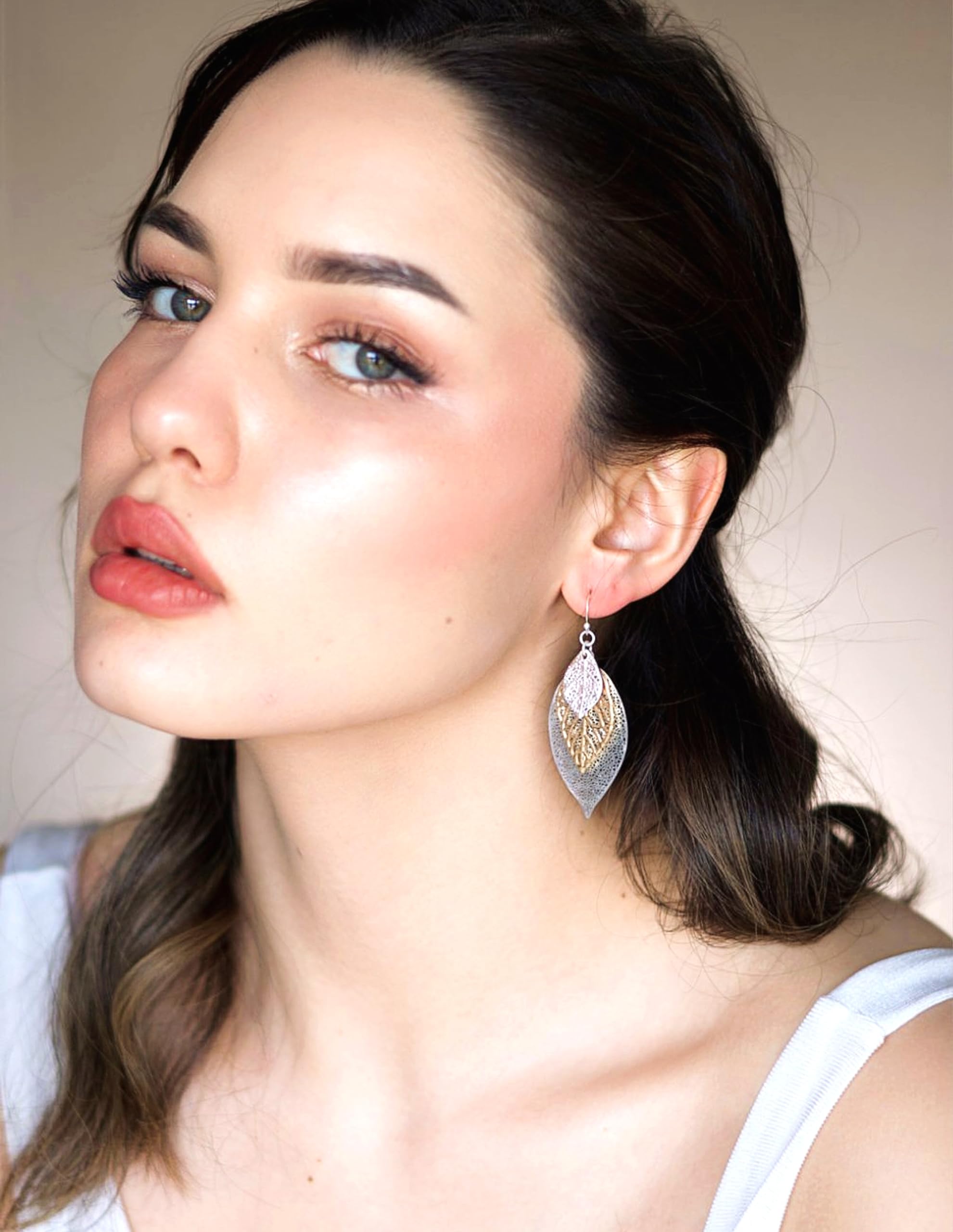 Pomina Choco Gold Fashion Fall Leaf Boho Earrings Gold Silver Two Tone Filigree Leaf Dangle Drop Earrings for Women (ChocoGold_Earrings)