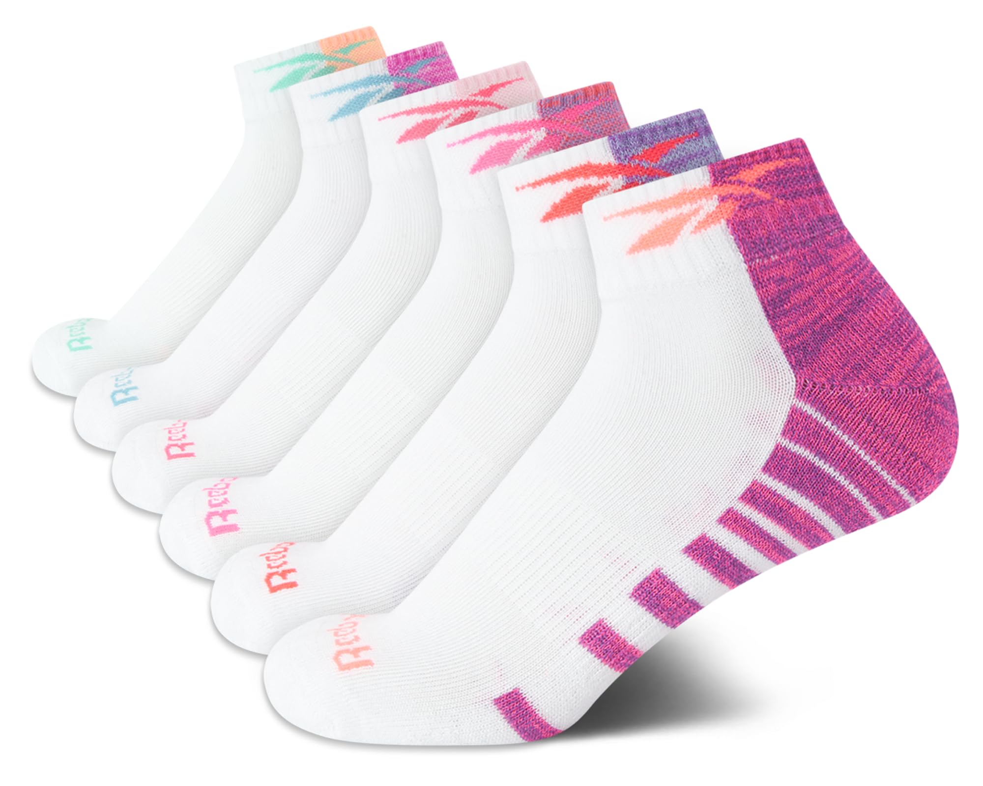Reebok Girls' Quarter Socks - 6 Pack Performance Cushioned Comfort Quarter Cut Ankle Socks - Athletic Socks for Girls, Size Medium, Black Multi