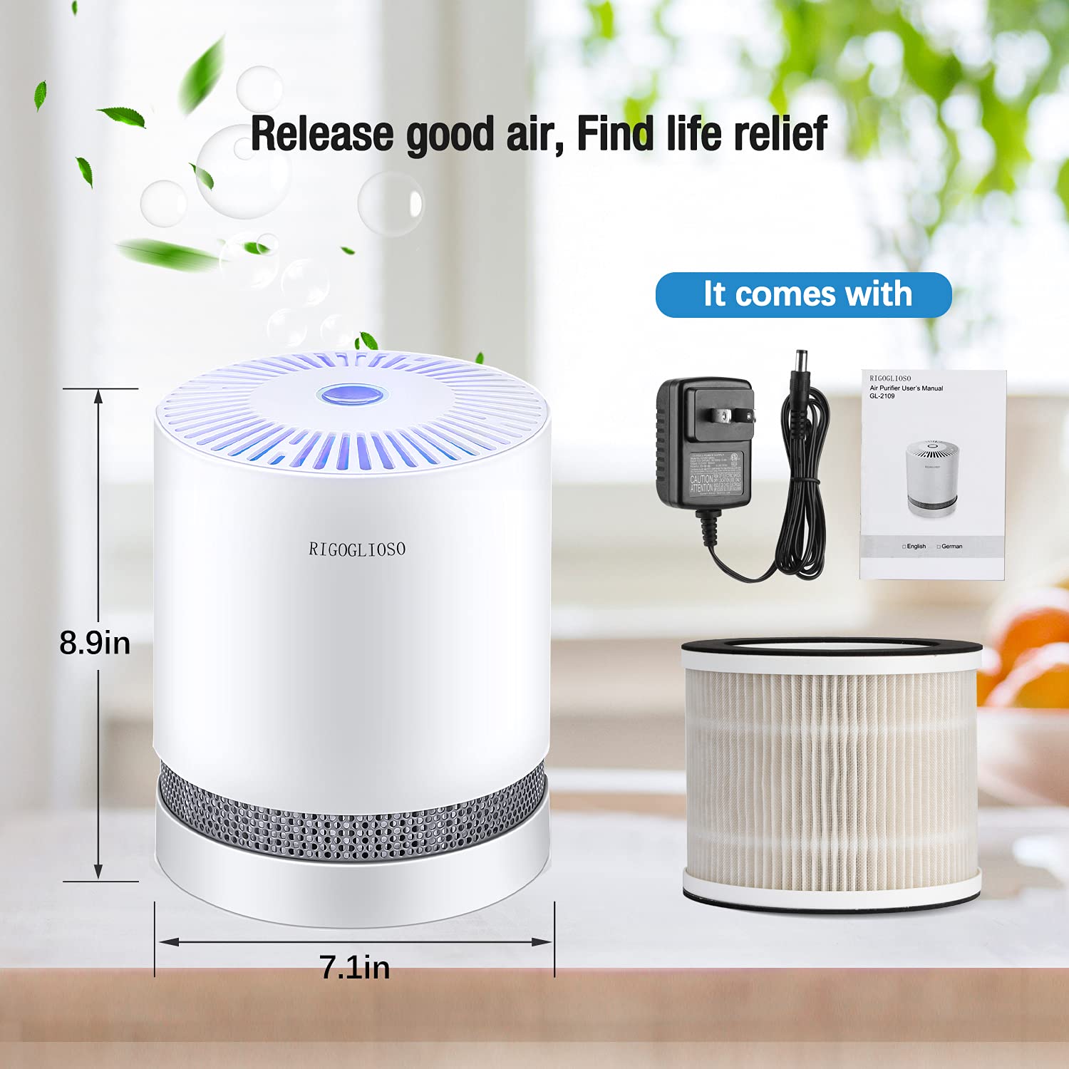 RIGOGLIOSO Air Purifier for Home with True HEPA Filters,Low Noise Portable Air Purifiers with Night Light,Desktop USB Air Cleaner