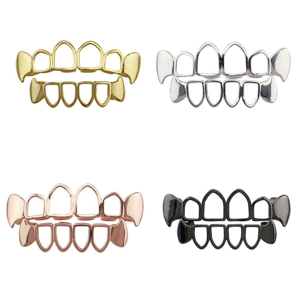 Psivika Gold Teeth Grillz Open Face Outline 6 Teeth Vampire Fangs Grillz for Men and Women (Gold)