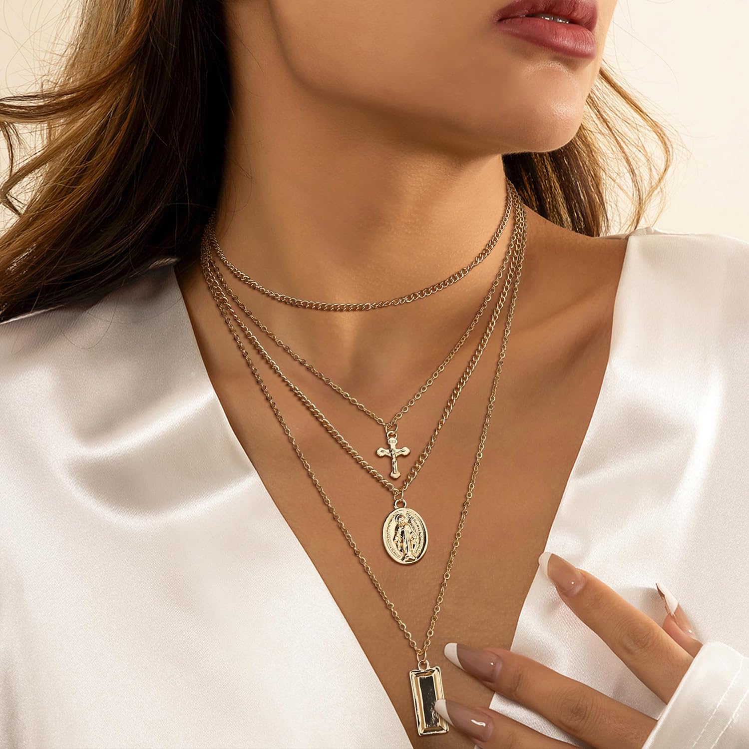 ORAZIO 2PCS Layered Necklace for Women Cross Blessed Virgin Mary Pendant Necklace Chain Gold Tone