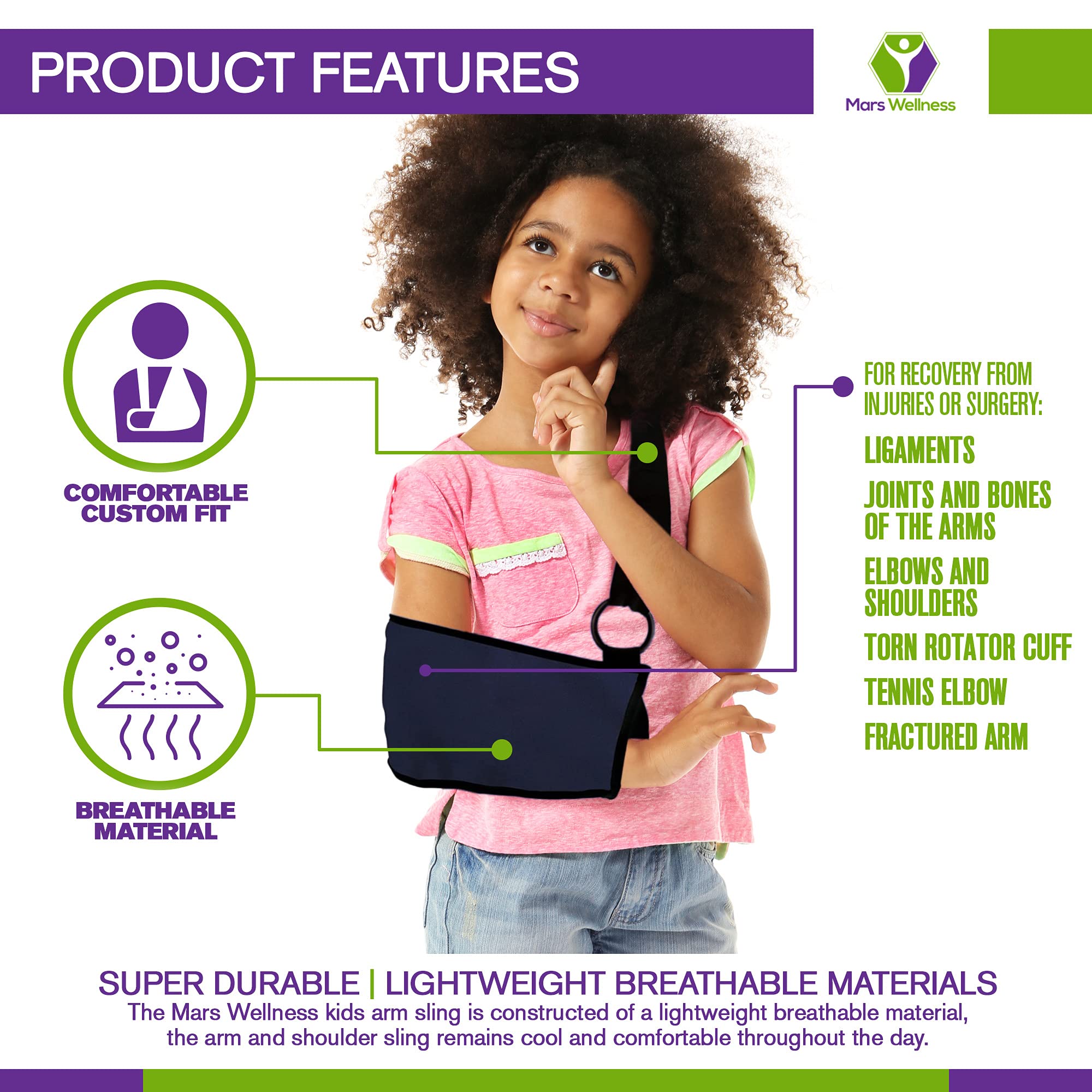 Mars Wellness Pediatric Kids Medical Shoulder and Arm Sling - Adjustable Neck Sling for Kids - Thumb Loop for Added Support - Blue