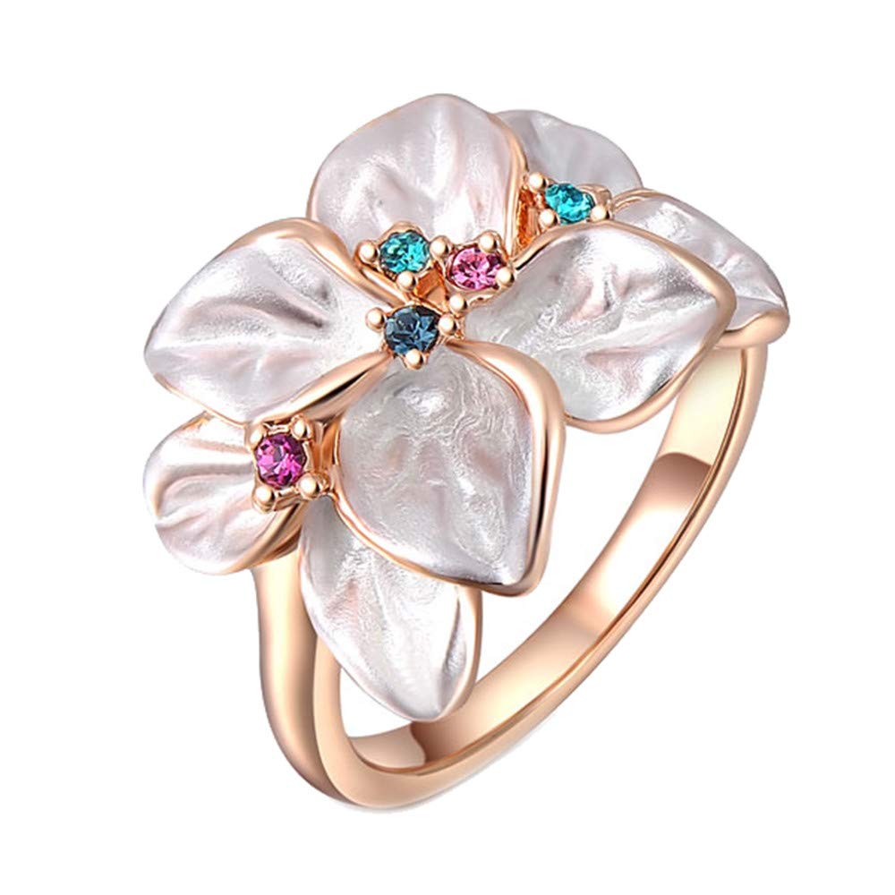 PAMTIER Women's White Enamel Flower 18K Rose Gold Plated Ring Color Cubic Zirconia Promise Size 8
