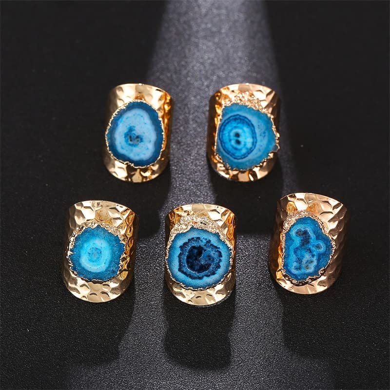 YEEVAA Natural Agate Quartz Geode Druzy Ring Healing Crystal Stone Adjustable Open Wide Gemstone Ring Jewelry Gift-1PC (Blue Agate,Gold Plated)